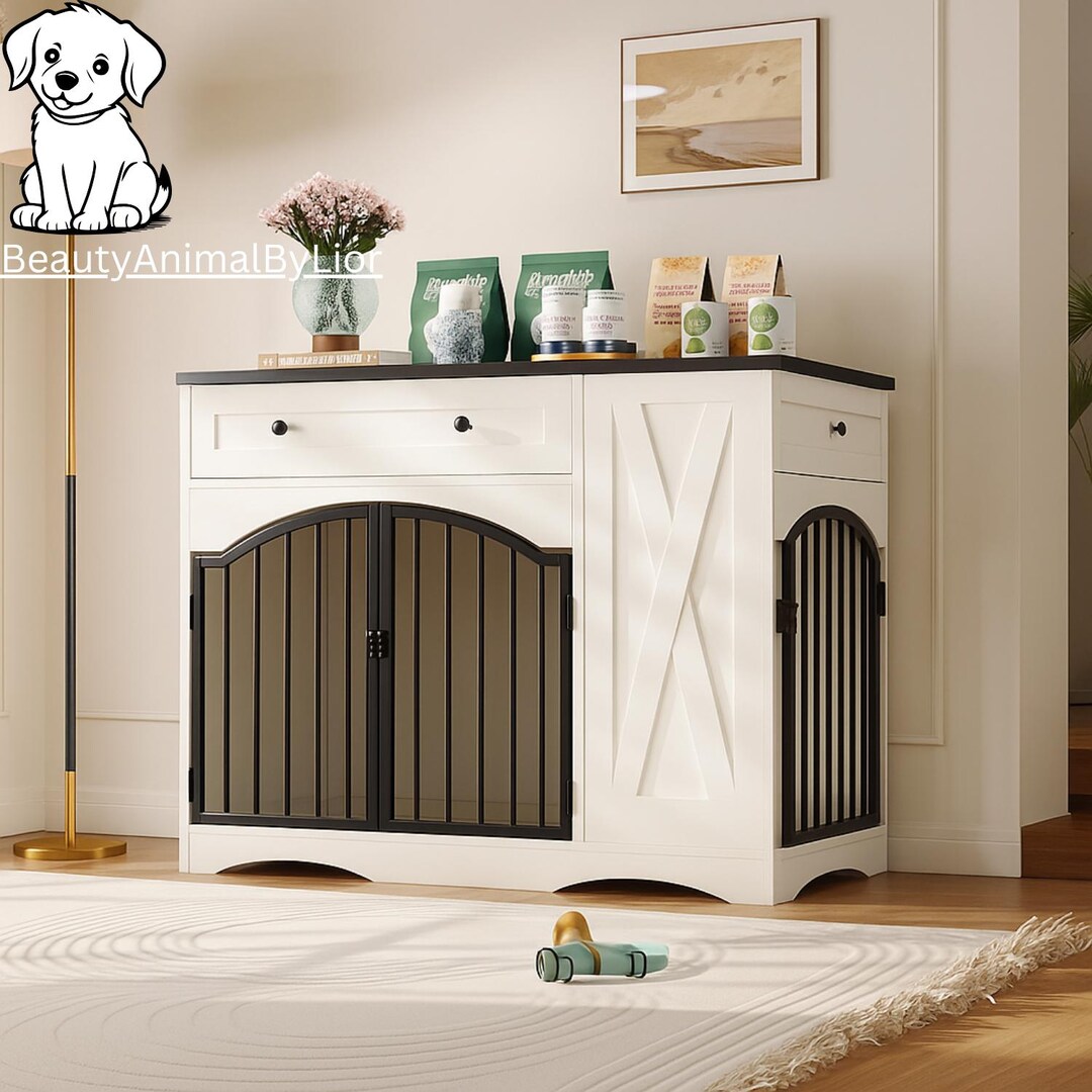 Indoor Dog Kennel | Wooden Dog Crate With 3 Storage Drawers | Double ...