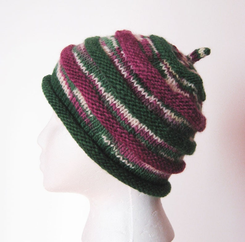 Hand Knit Cap Burgundy Green White Hand Dyed Wool Textured | Etsy