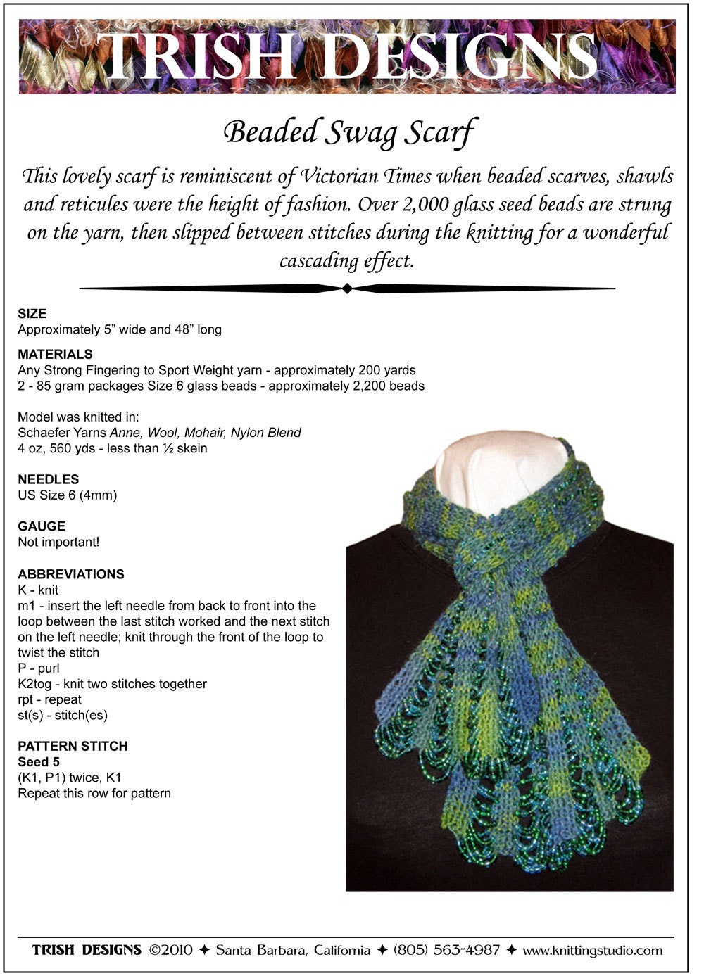 Hand Knitting Pattern PDF, Beaded Swag Scarf, Original Pattern, Trish ...