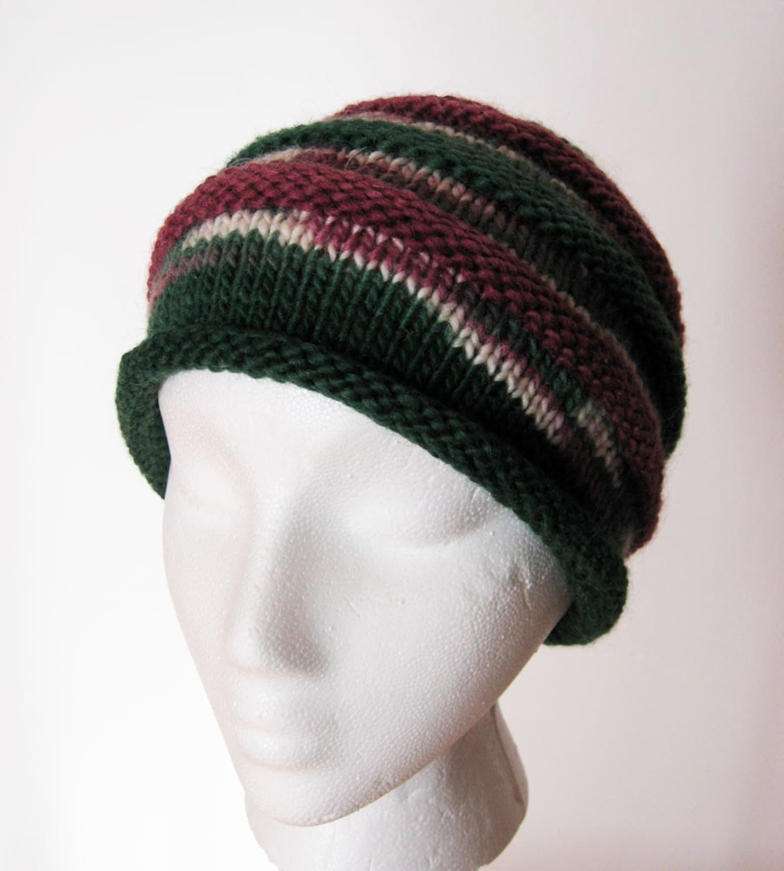Hand Knit Cap Burgundy Green White Hand Dyed Wool Textured | Etsy