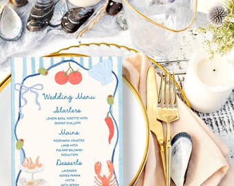 Coastal Wedding Menu Template | Editable Canva Download | Blue & White ...