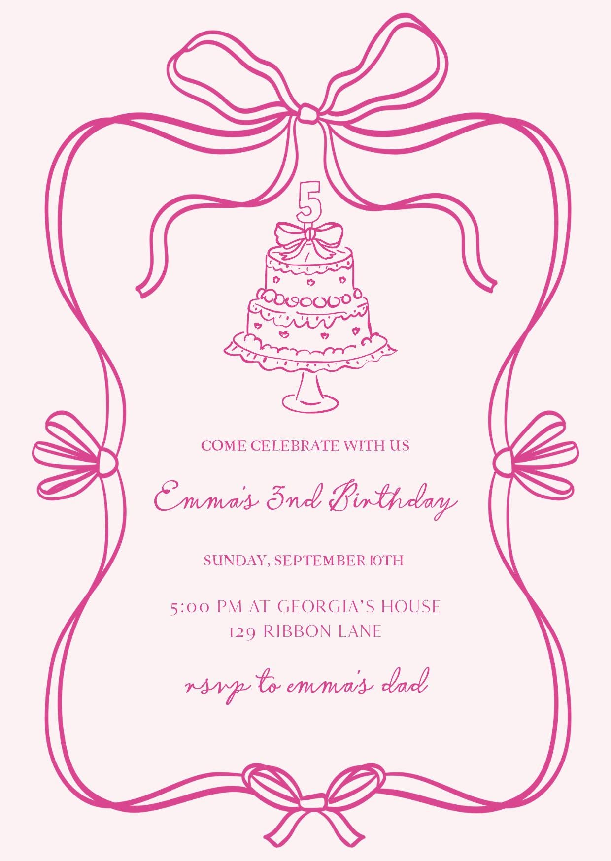 DIY Canva Birthday Invitation Template | Pink Bow & Cake Design | Hand ...