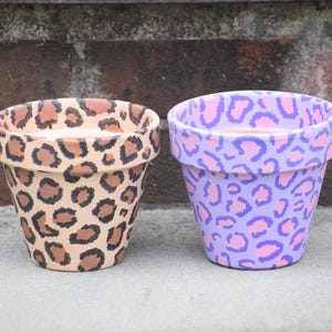 Hand Painted Terracotta Pot, Colorful Leopard Print Pot, Pale Pink and ...