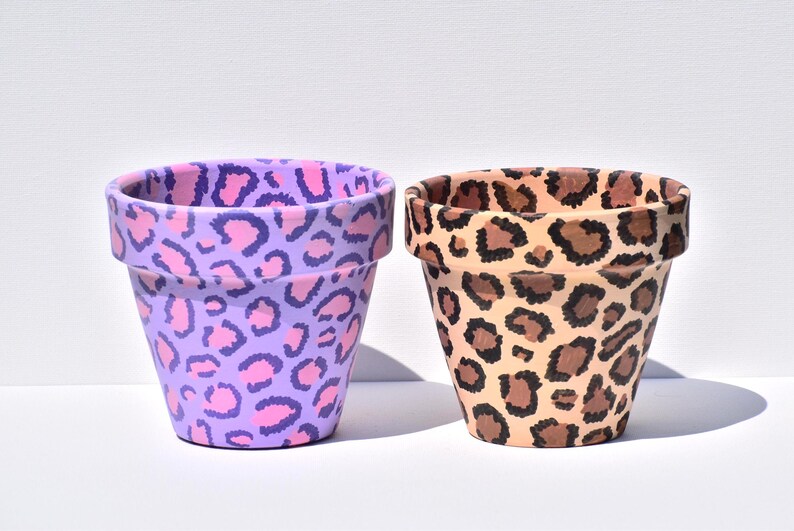 Hand Painted Leopard Print Terracotta Planter Set: Brown & Purple, 3.5 ...