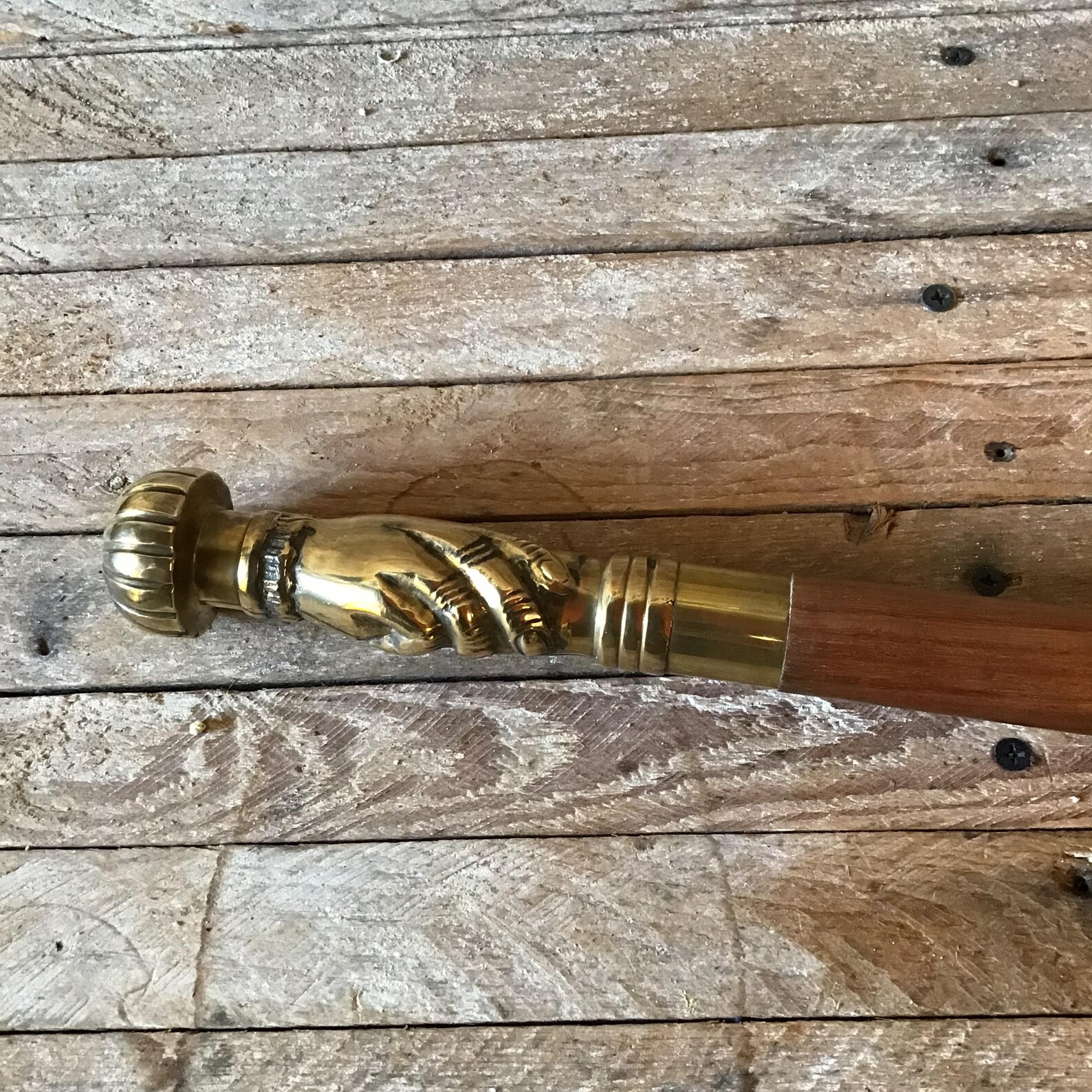 Vintage Brass Head Spiral Wood Cane, Metal Tip Walking Stick, Ornate ...