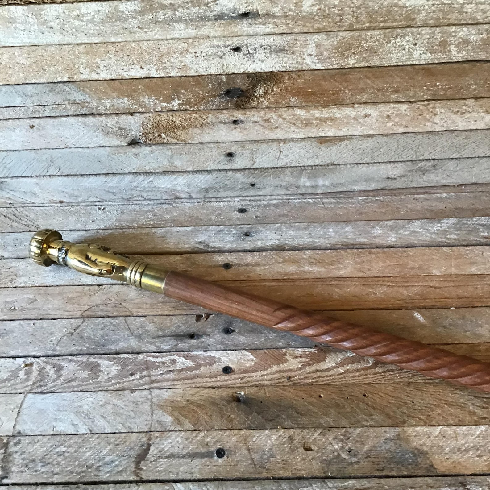 Vintage Brass Head Spiral Wood Cane, Metal Tip Walking Stick, Ornate ...