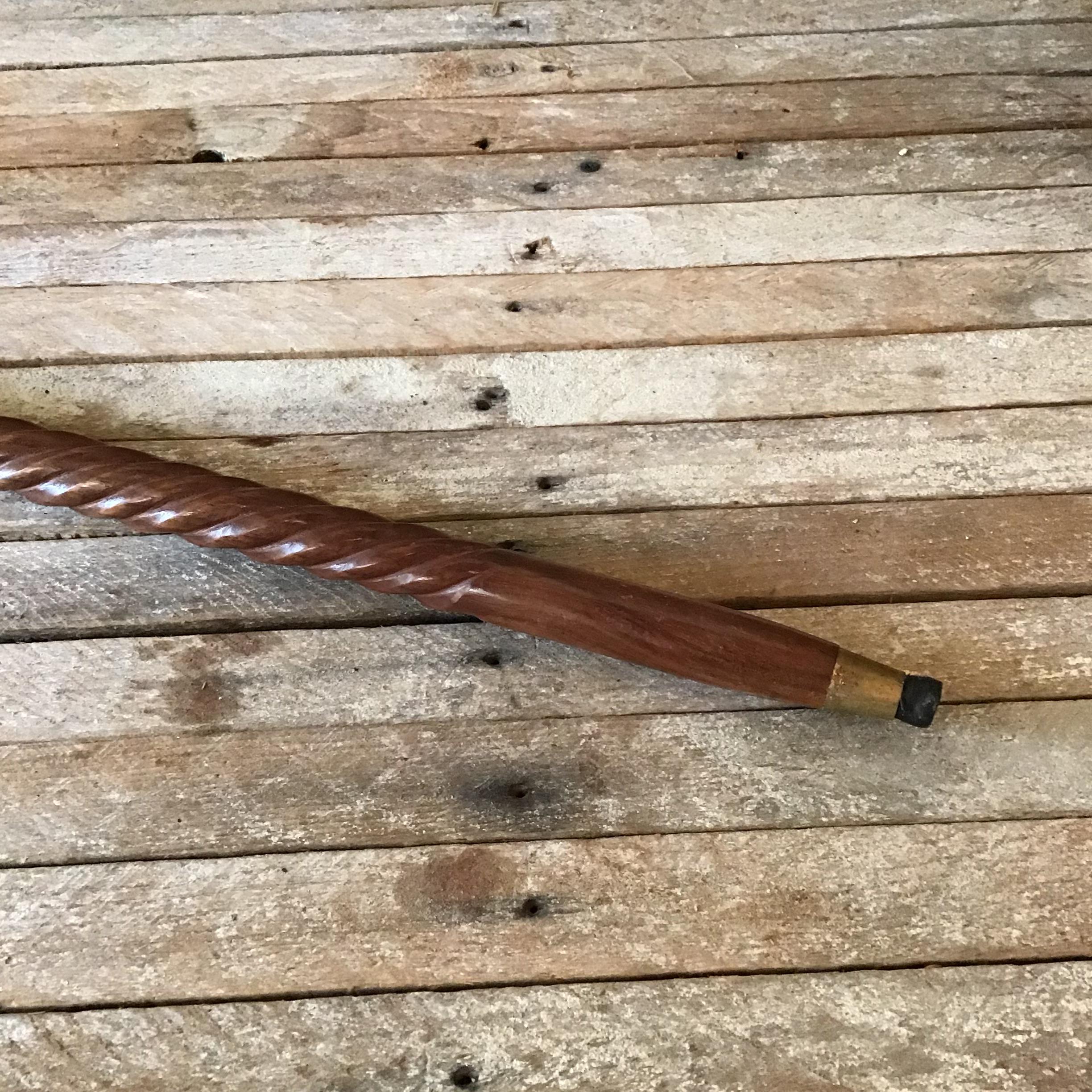 Vintage Brass Head Spiral Wood Cane, Metal Tip Walking Stick, Ornate ...