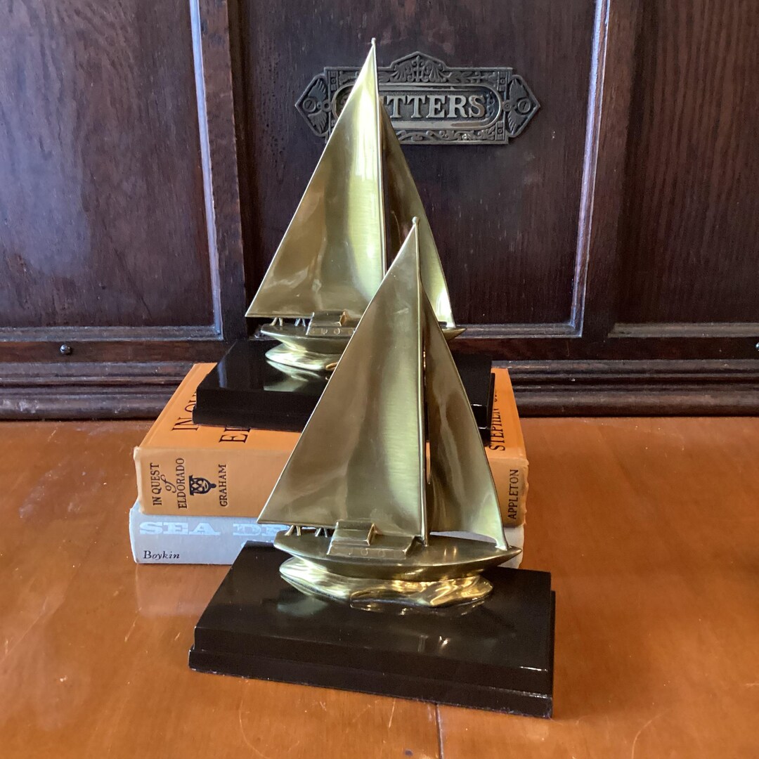 Sailboat Bookends Dolbi Cashier Brass on Dark Brown Painted Metal Bases ...
