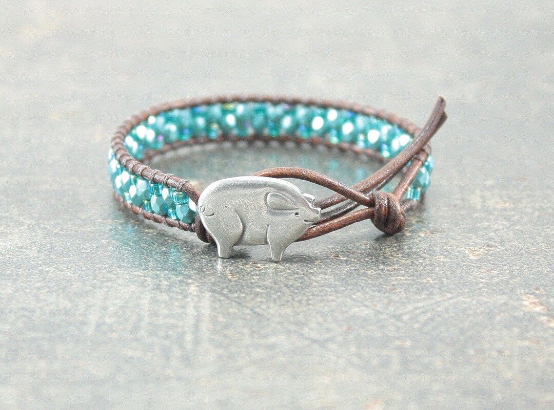 Silver Turquoise Pig Bracelet Unique Pig Jewelry Beaded Leather Wrap ...