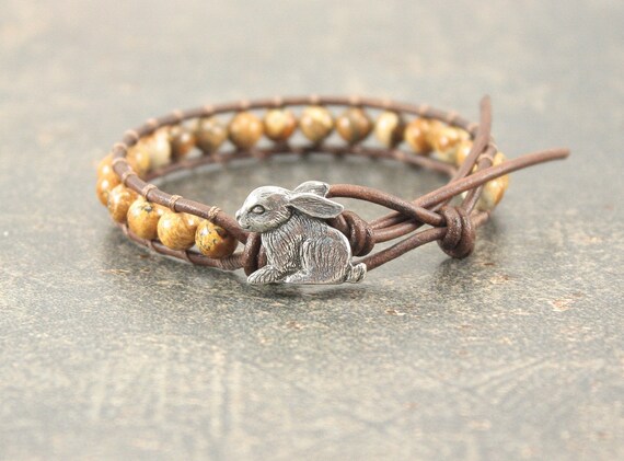 Gemstone Bunny Bracelet Leather Rabbit Jewelry Gold Caramel - Etsy