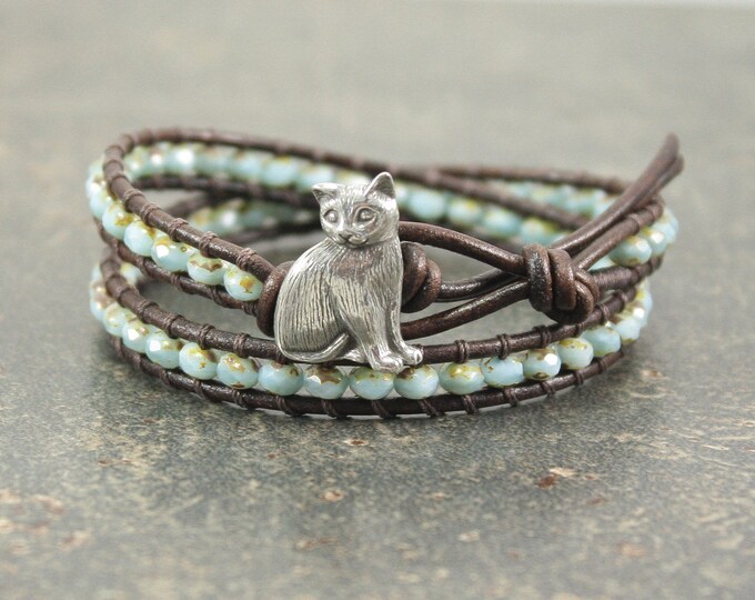 Silver and Turquoise Cat Bracelet Boho Beaded Leather Cat - Etsy