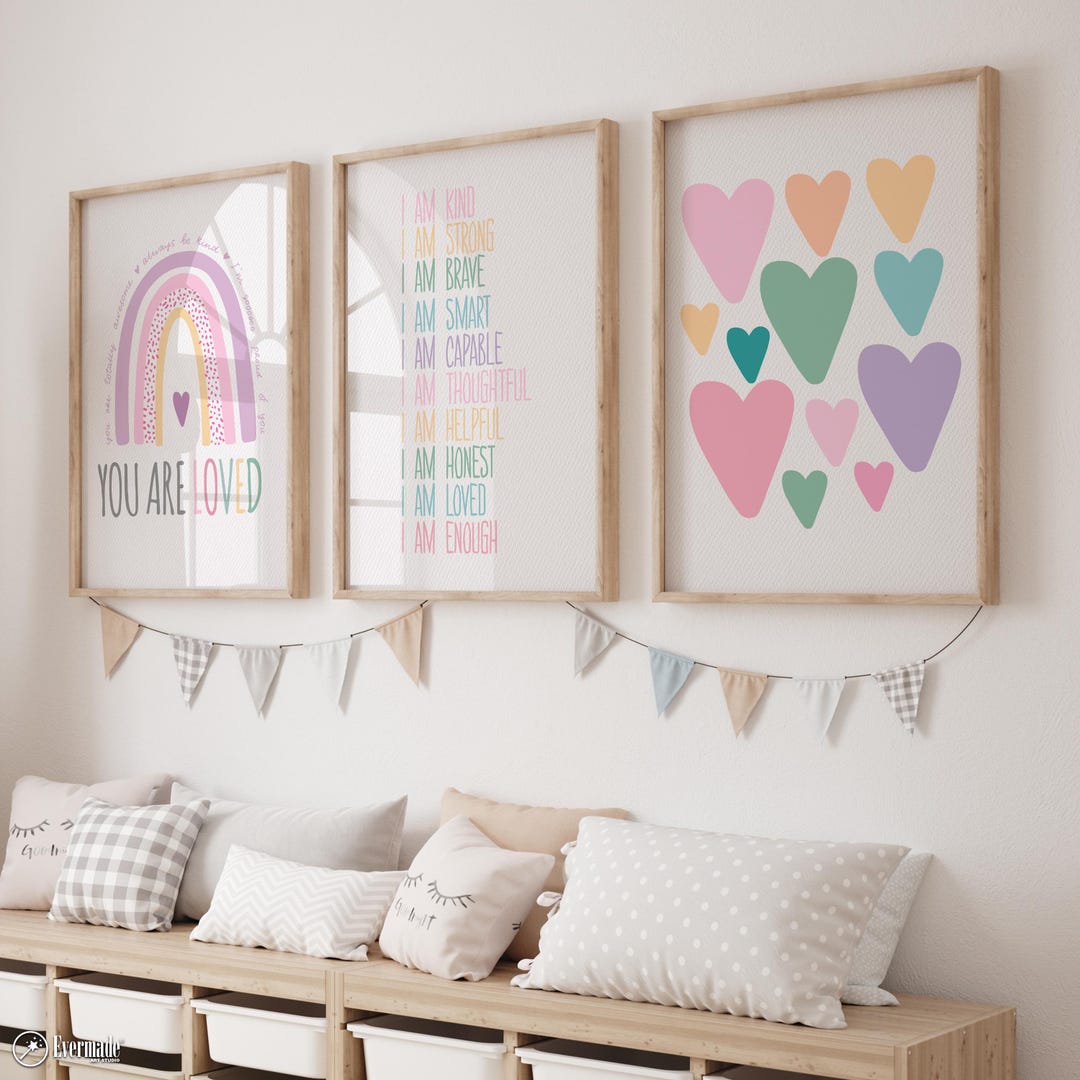 Girls Affirmation Print Set | Rainbow and Heart Wall Art | Positive ...