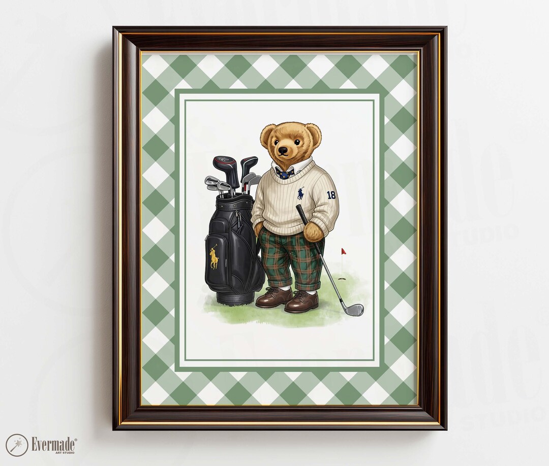 Preppy Golf Teddy Bear Wall Art, RL Inspired Nursery Print, Green ...