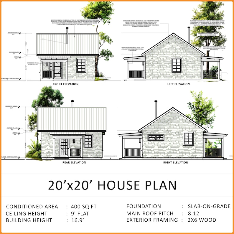 400 Sq Ft Stone Cottage ADU Plan, Slab Foundation 1 Bedroom Tiny House ...