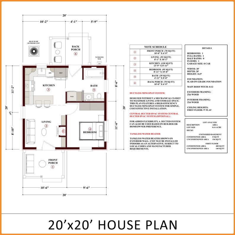 400 Sq Ft Stone Cottage ADU Plan, Slab Foundation 1 Bedroom Tiny House ...