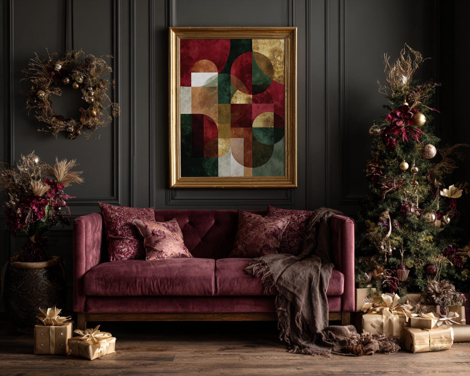 Christmas Wall Art Set | Holiday Abstract Prints in Red, Green & Gold ...