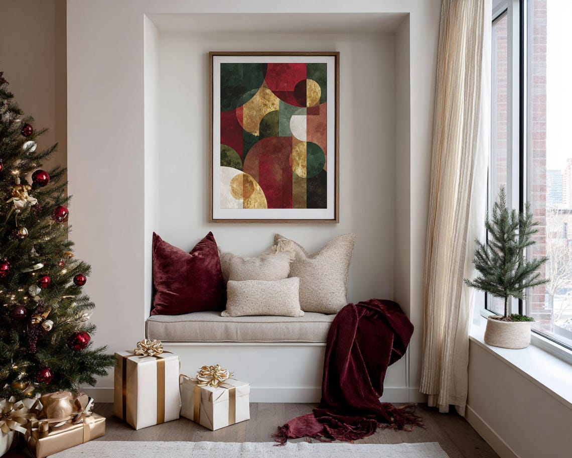 Christmas Wall Art Set | Holiday Abstract Prints in Red, Green & Gold ...