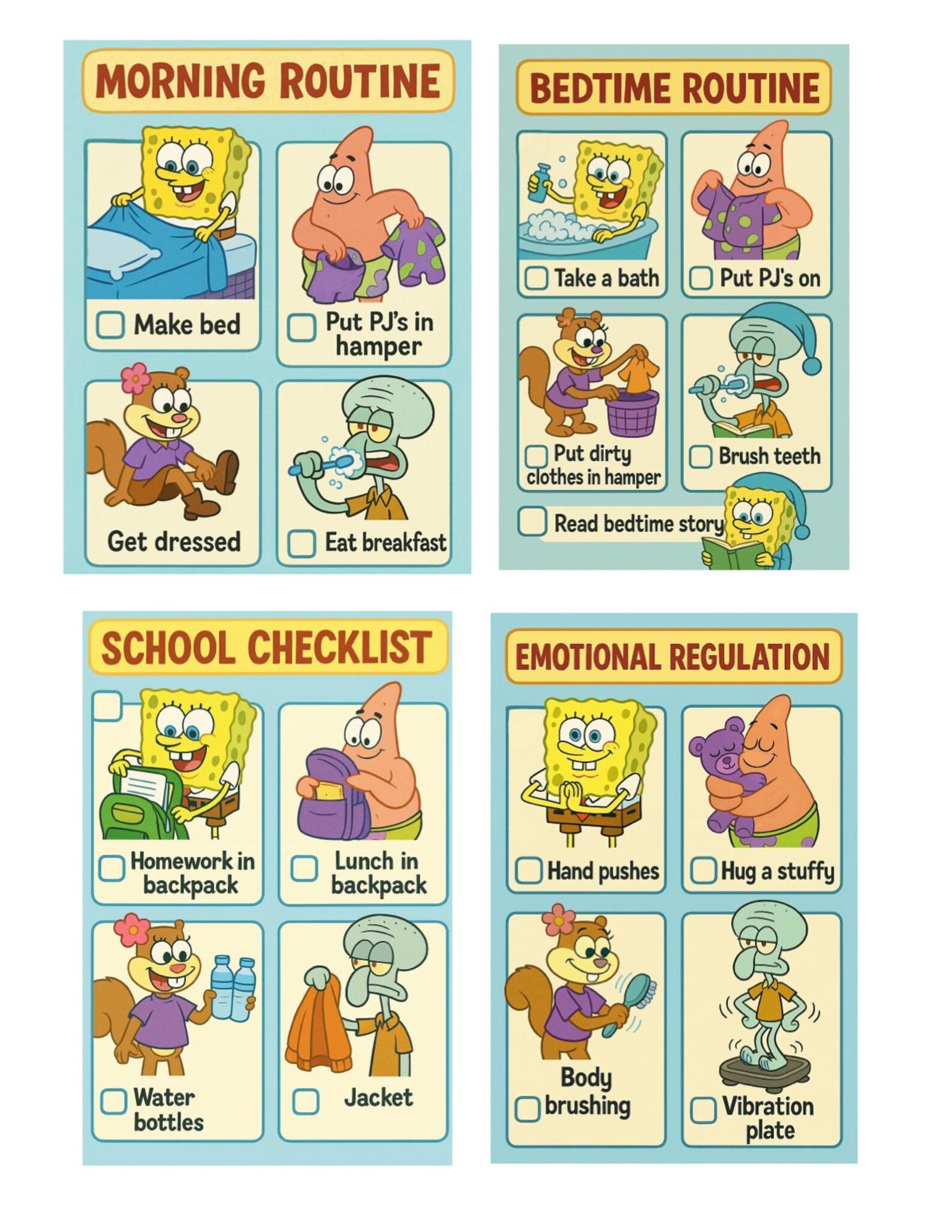 Songebob Inspired Printable Visual Routine Charts for Kids,morning ...