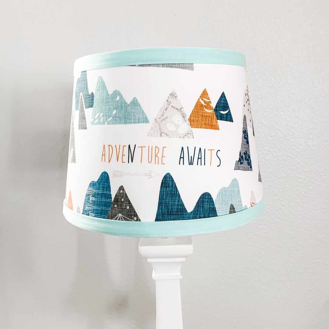 Boy Nursery Drum Lamp Shade. Adventure Awaits Mountains Blue Gray and ...