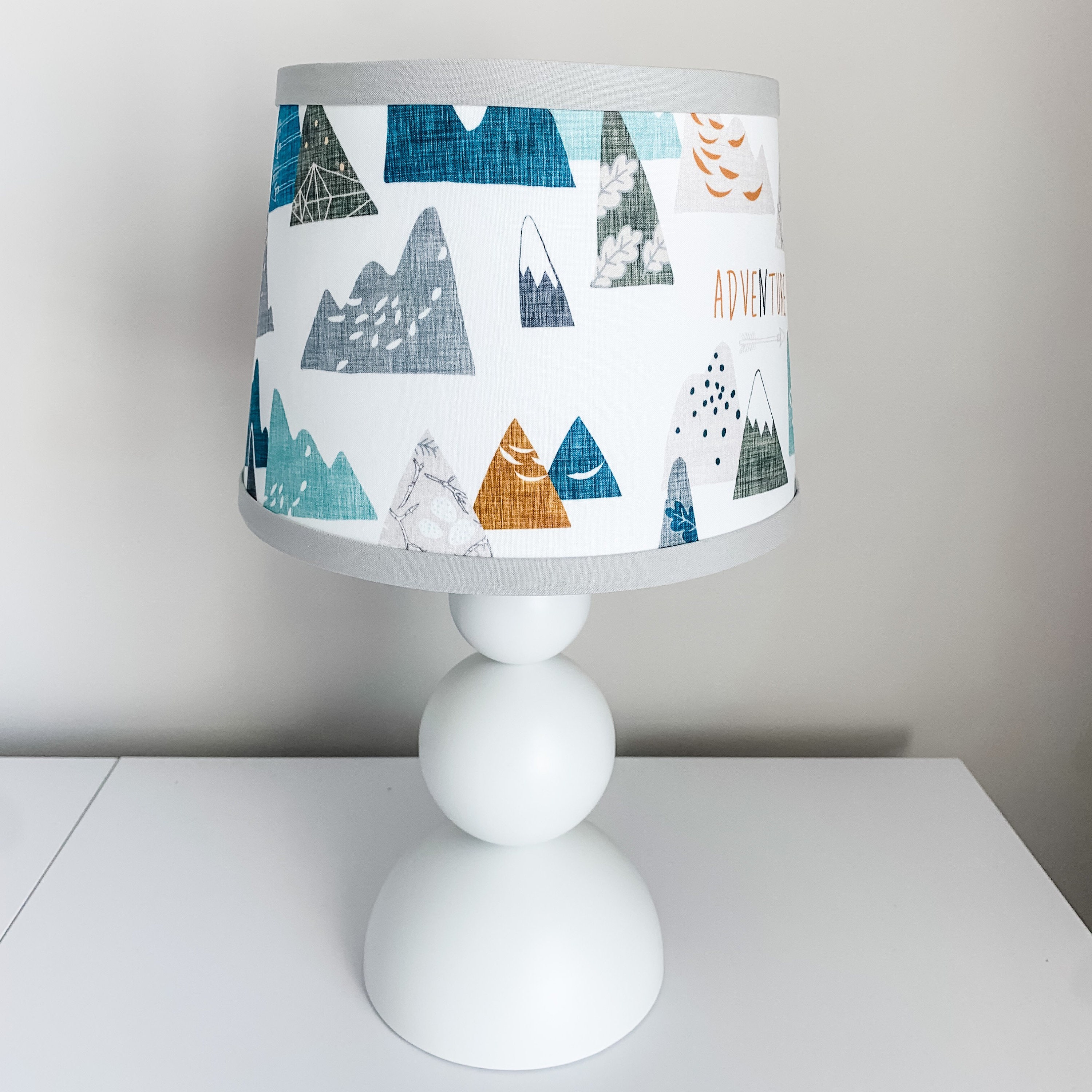 Boy Nursery Drum Lamp Shade. Adventure Awaits Mountains Blue Gray and ...