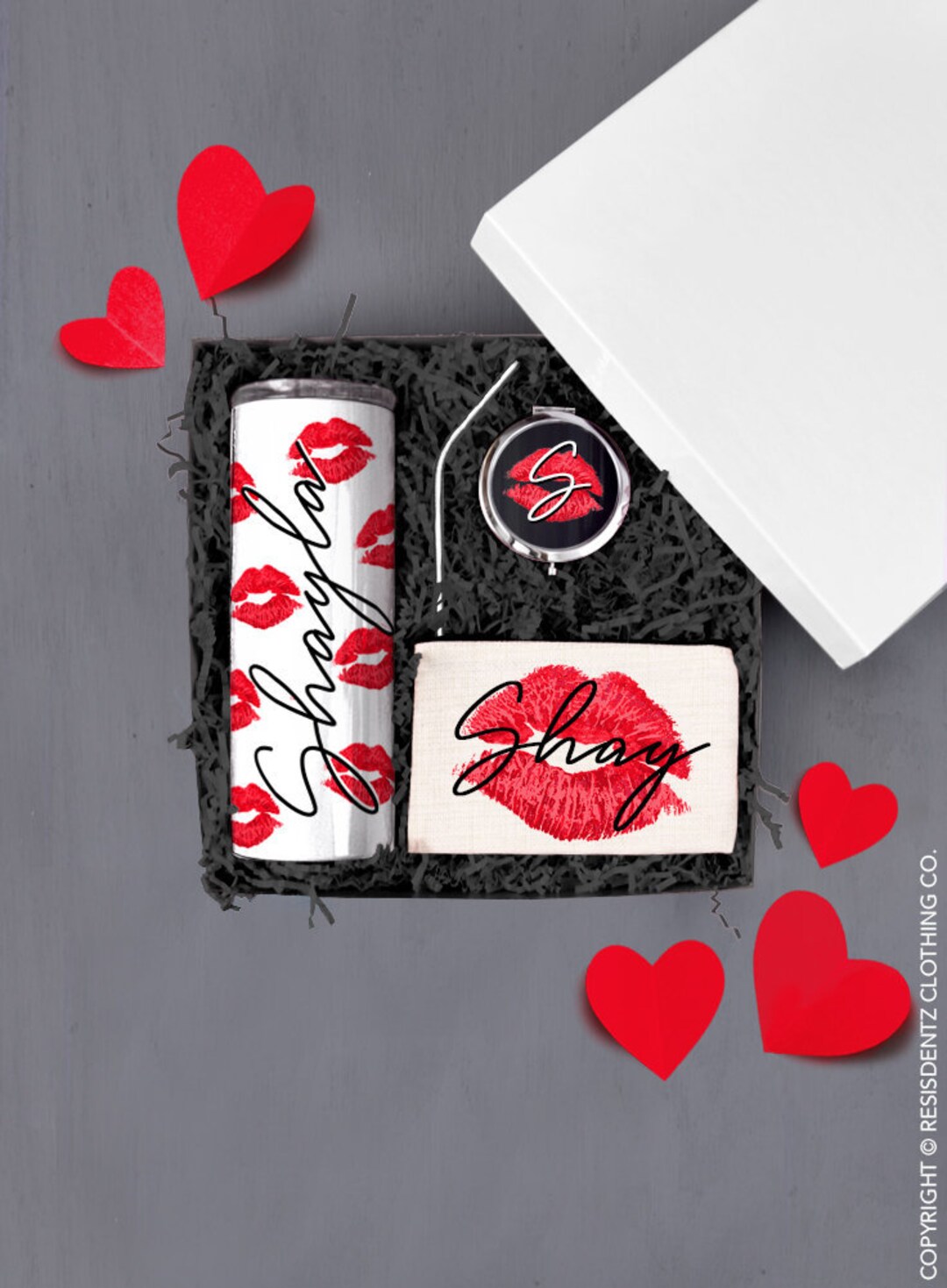 Lipstick Kiss Gift Box: Custom Tumbler, Mirror & Makeup Pouch ...