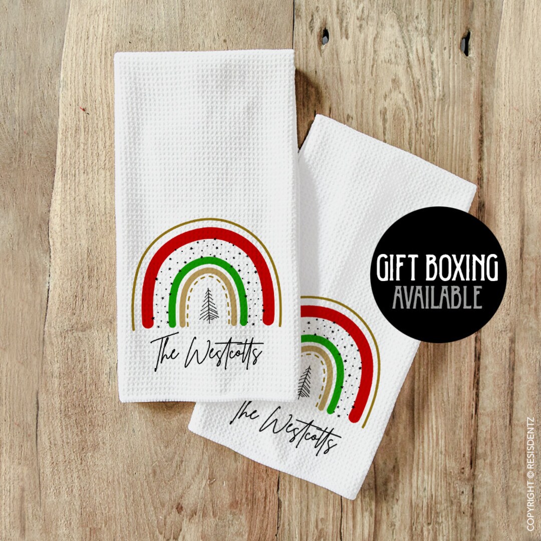 Custom Christmas Rainbow Kitchen Towels, Personalized Gift Boxed ...