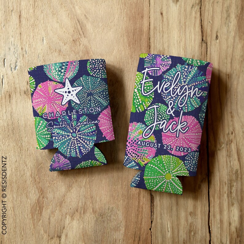 Preppy Coastal Sea Urchin Can Coolers - Navy Pattern - Slim & Standard ...