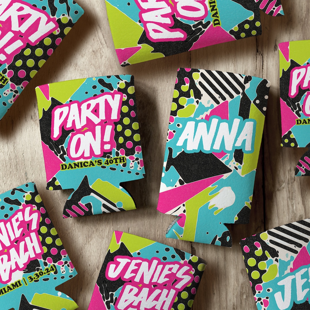 80s 90s Theme Party Favors - Party on Custom Can Coolers - Can Coolers ...