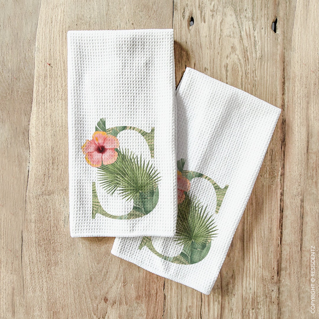 Custom Tropical Kitchen Towels, Personalized Hibiscus and Palm Hand ...