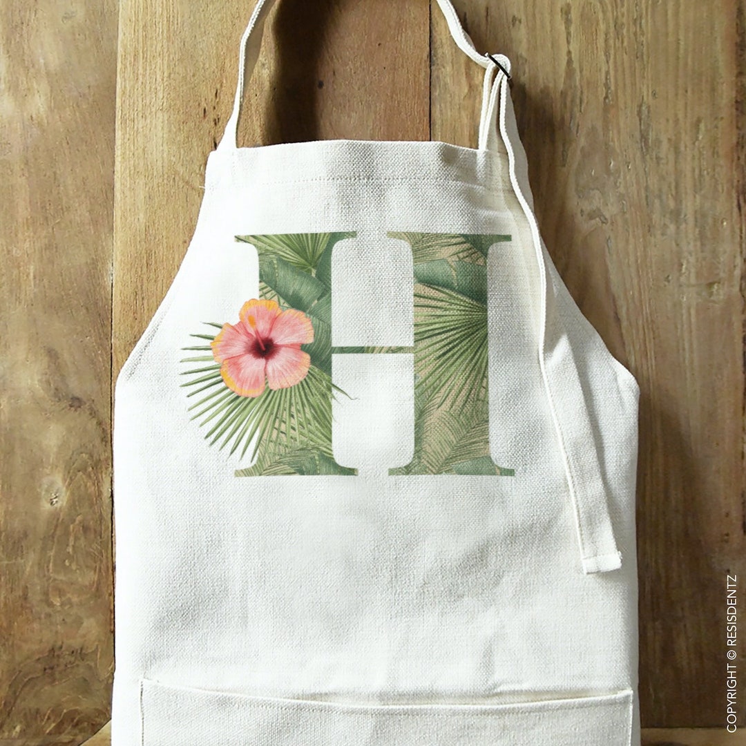 Custom Tropical Apron - Hibiscus Palm Linen Apron With Pockets ...
