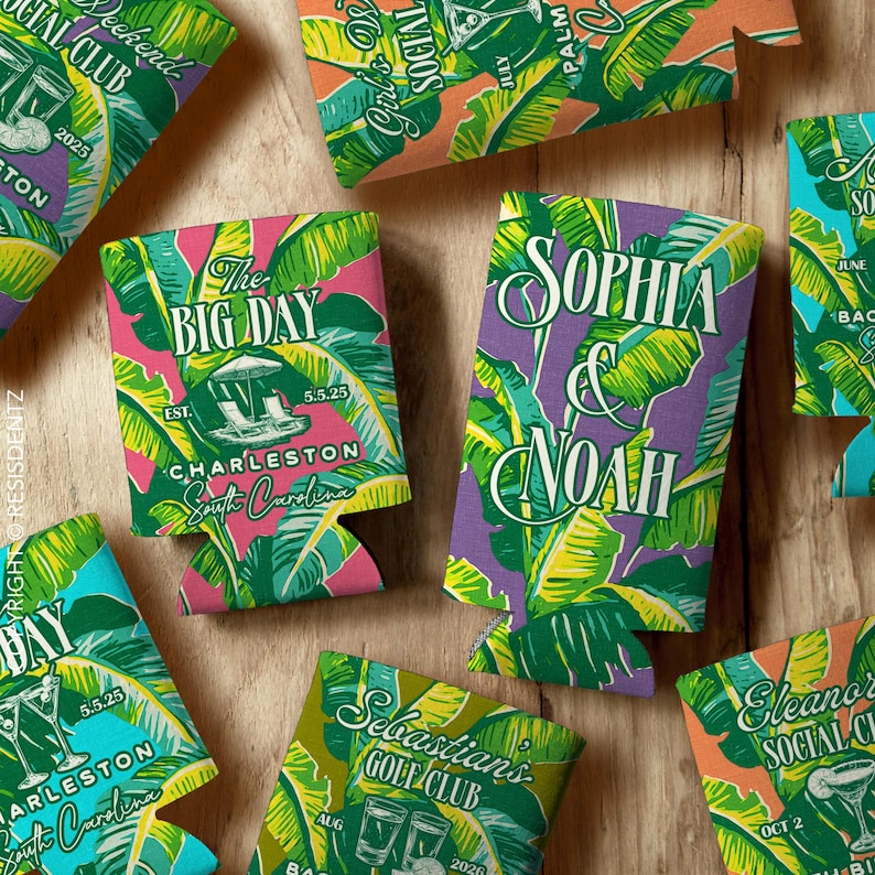 Personalized Tropical Can Coolers - Custom Colors & Icons for Weddings ...