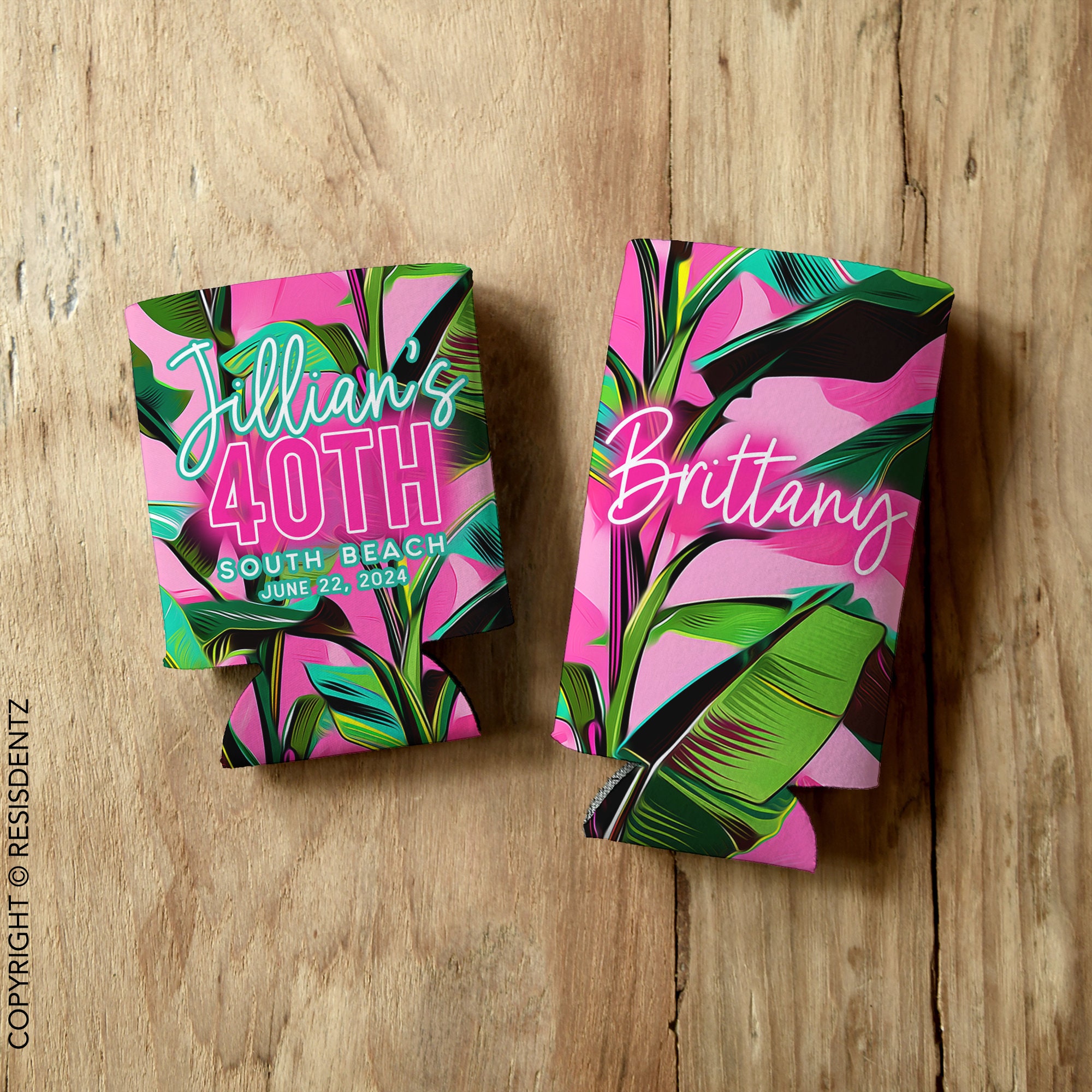 Custom Cozie Wedding Favors - Neon Tropical Palm & Banana Leaf Can ...