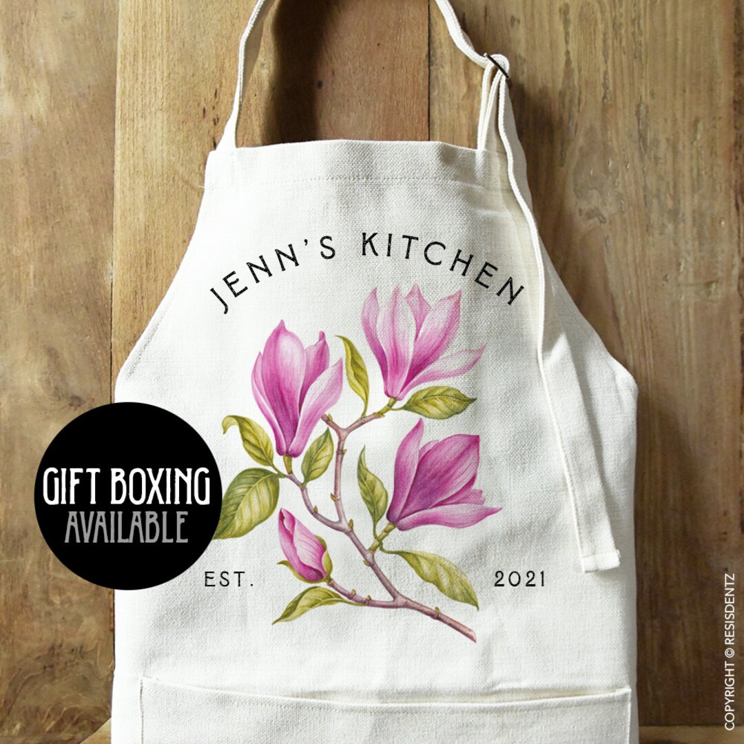 Personalized Magnolia Apron, Custom Linen Apron With Pockets ...