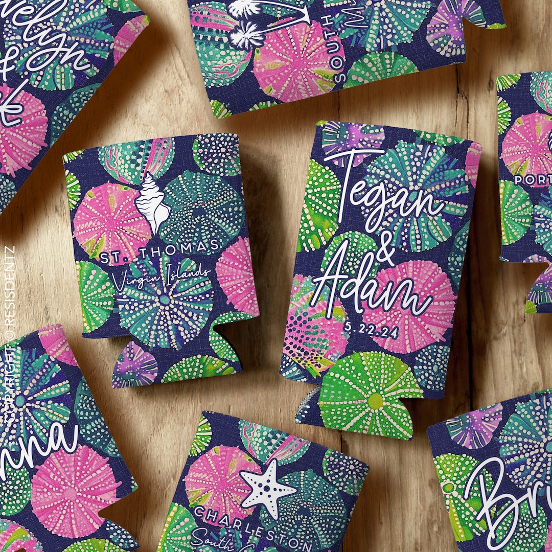 Preppy Coastal Sea Urchin Can Coolers - Navy Pattern - Slim & Standard ...