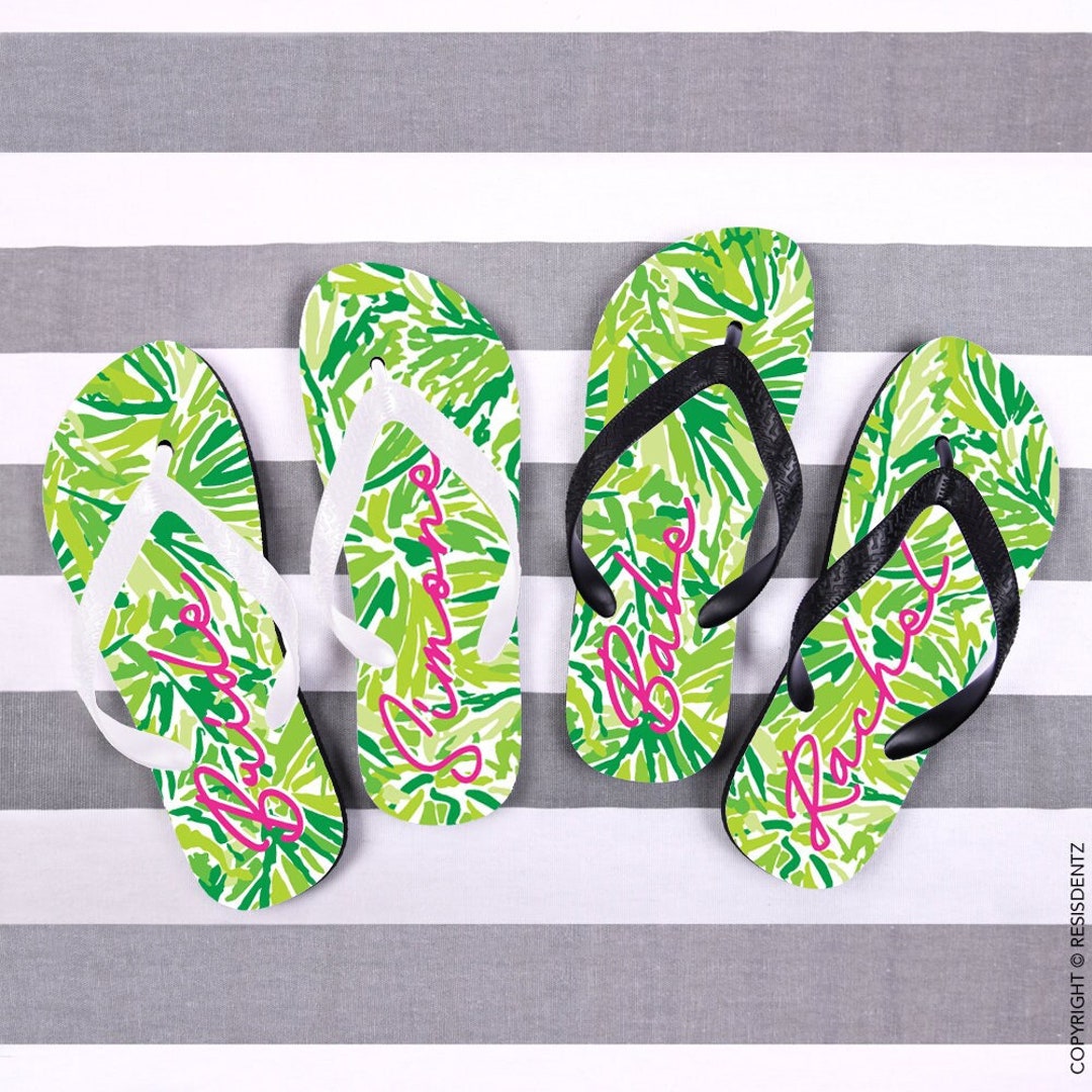 Custom Preppy Palm Leaf Pink Text Flip Flops, Bride Bridesmaid Flip ...