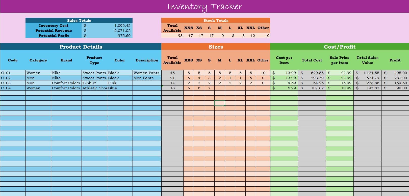 Clothing Inventory Spreadsheet: Google Sheets and Excel Template ...