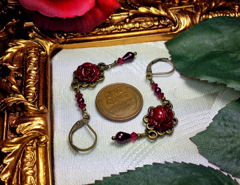 Ox Blood Red Rose Gothic Earrings Ruby Pink Rosebud | Etsy