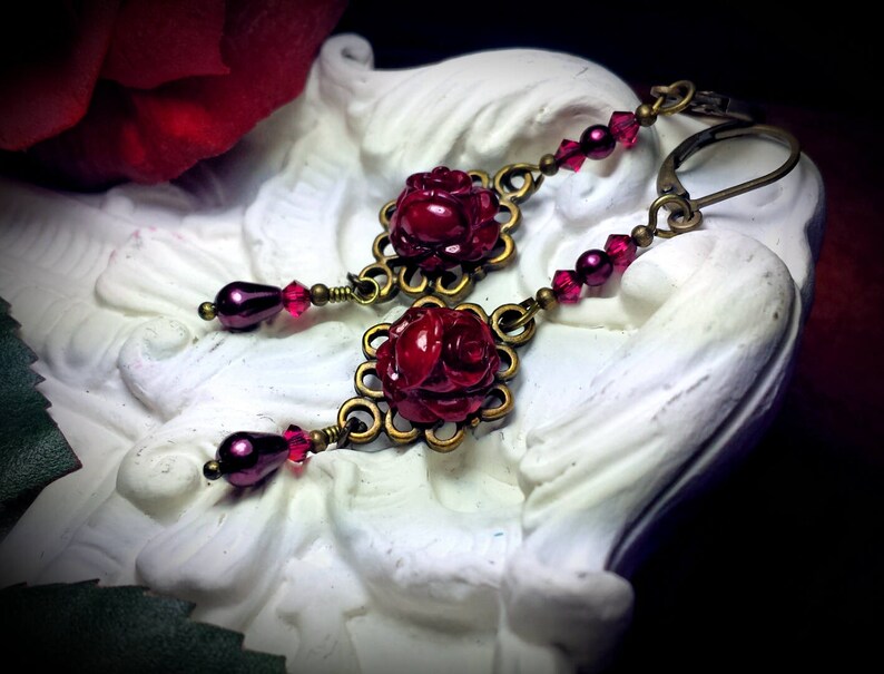 Ox Blood Red Rose Gothic Earrings Ruby Pink Rosebud | Etsy