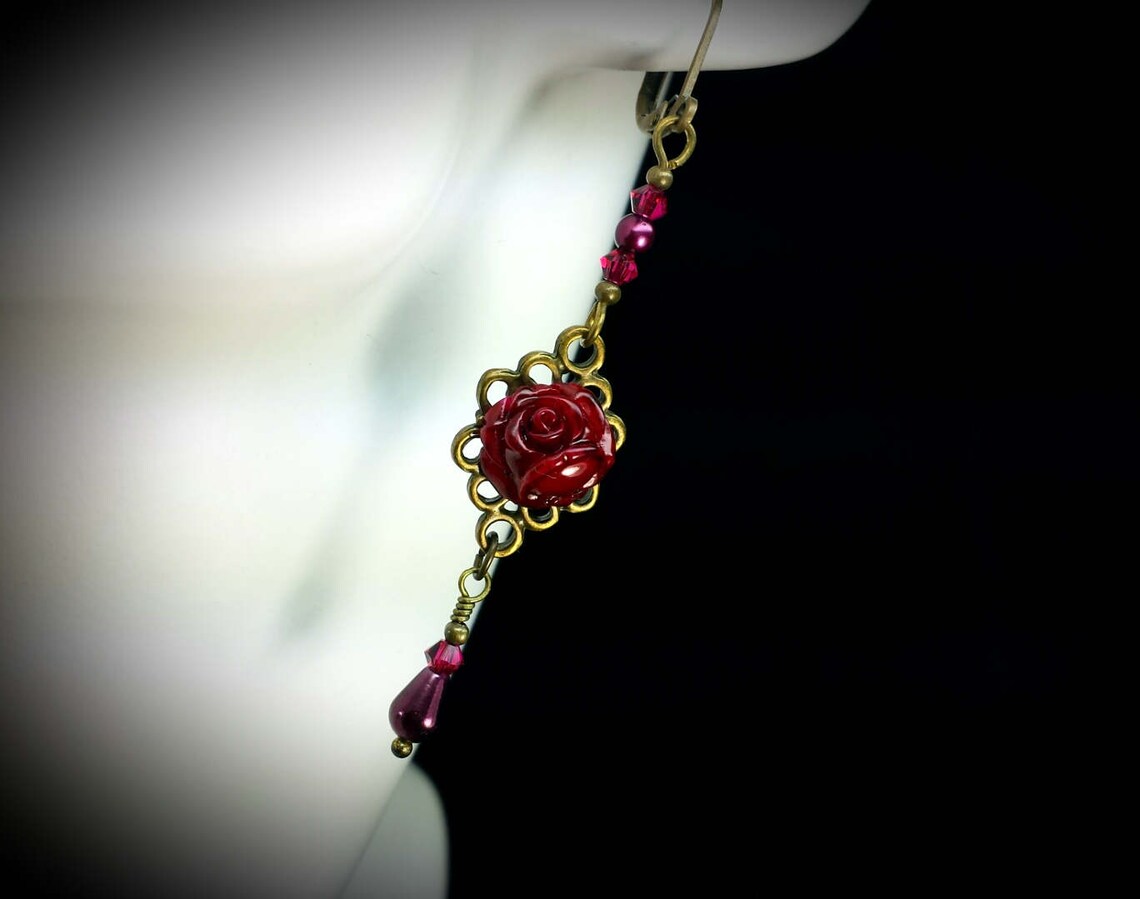 Ox Blood Red Rose Gothic Earrings Ruby Pink Rosebud | Etsy