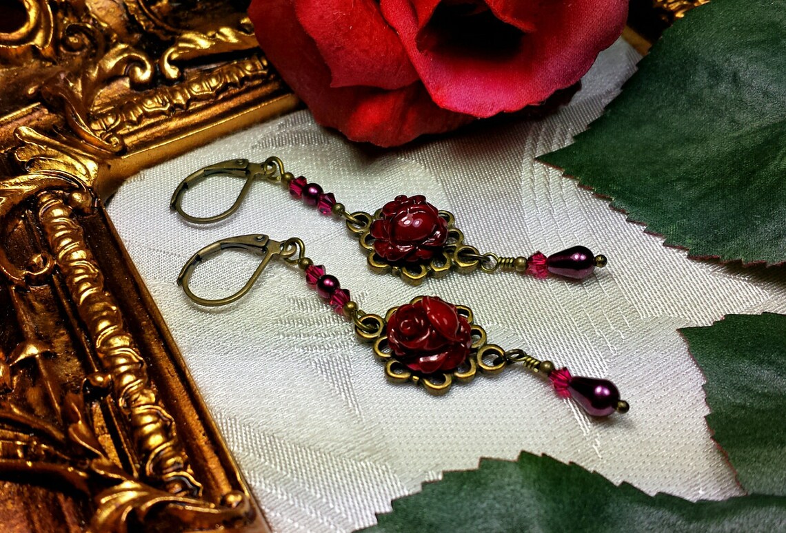 Ox Blood Red Rose Gothic Earrings Ruby Pink Rosebud | Etsy