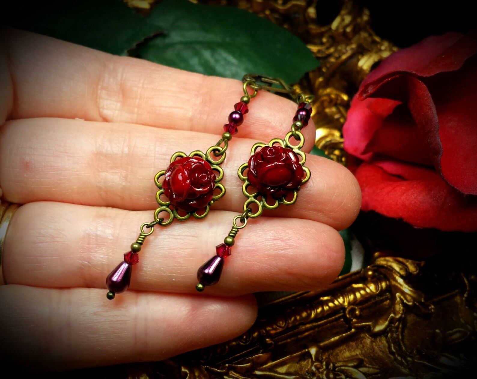 Ox Blood Red Rose Gothic Earrings Ruby Pink Rosebud | Etsy