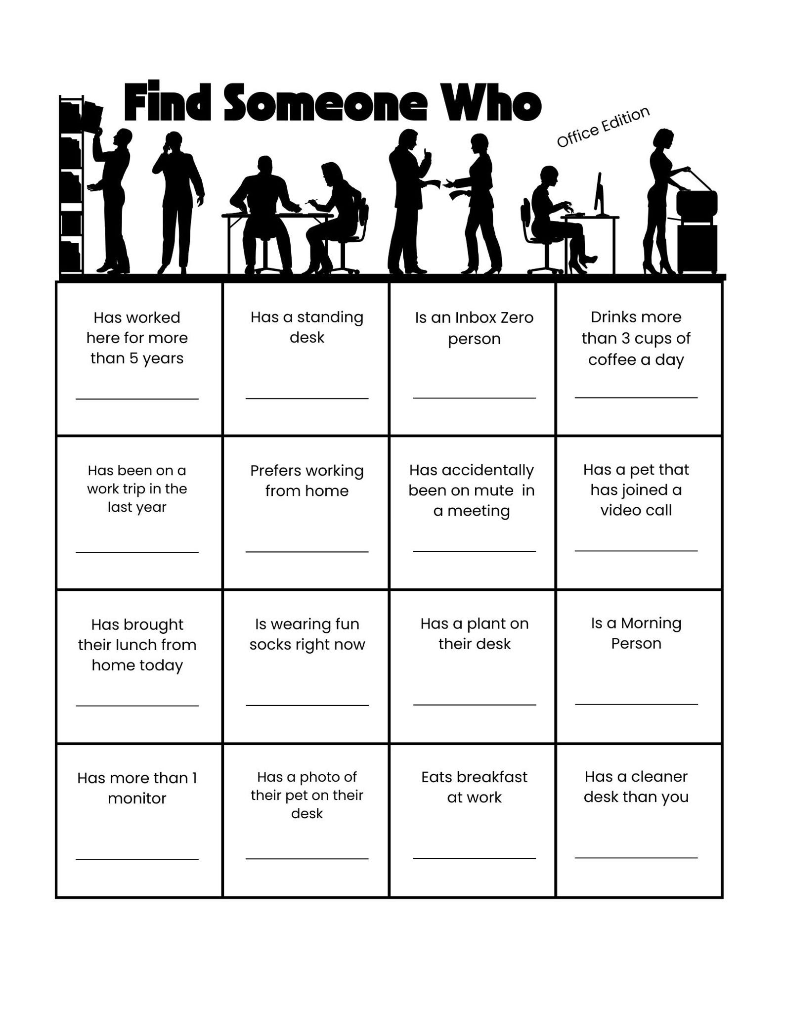 Office Bingo, Fill in the Blank Find Someone Bingo - Etsy