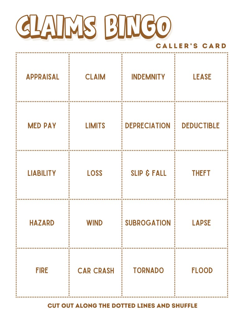 Claims Bingo; Printable Insurance Office Game for Claims Adjusters ...