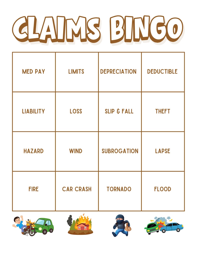 Claims Bingo; Printable Insurance Office Game for Claims Adjusters ...