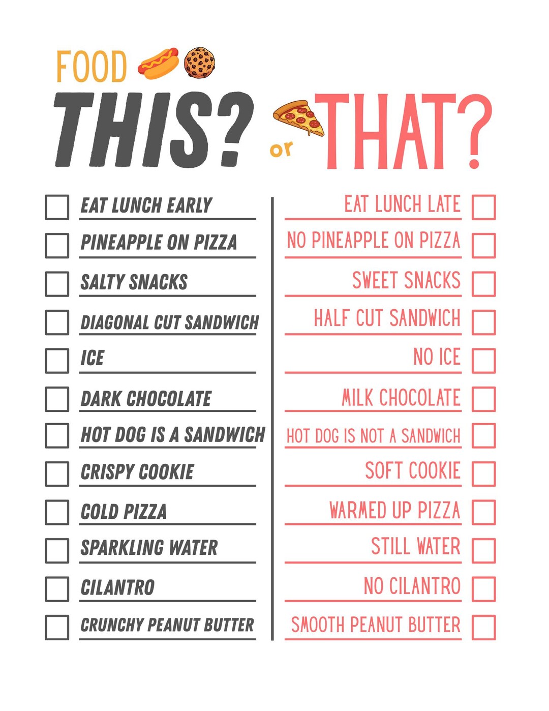 Food This or That Game | Printable Party Icebreaker (PDF Download) - Etsy