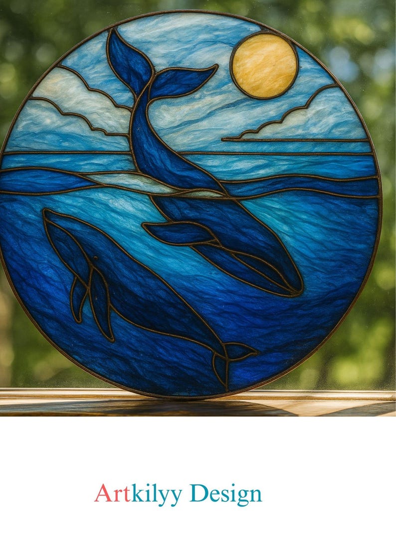 Whale Stained Glass Pattern PDF – Ocean Scene Round Template for DIY ...