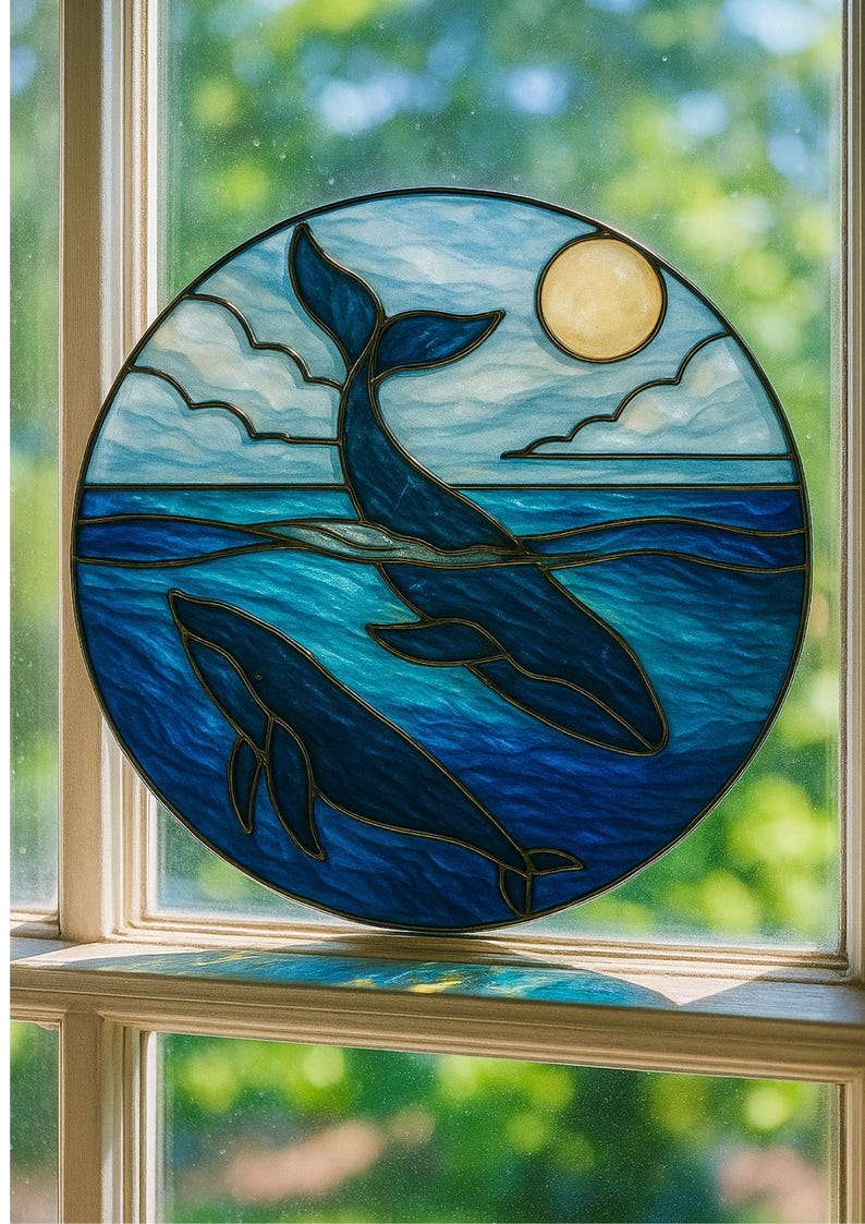 Whale Stained Glass Pattern PDF – Ocean Scene Round Template for DIY ...
