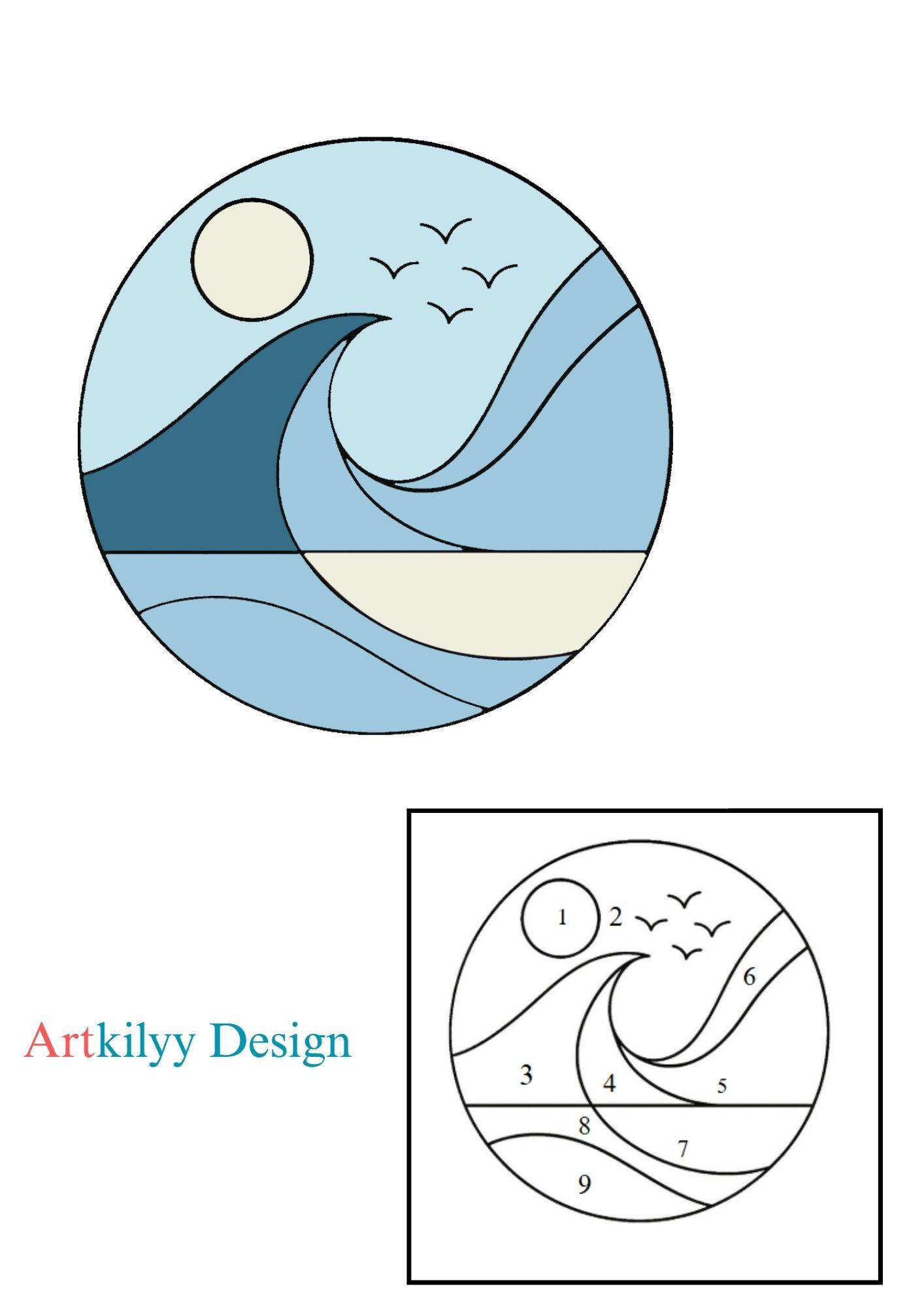 Ocean Wave Stained Glass Pattern PDF – Round Beach Scene Template for ...