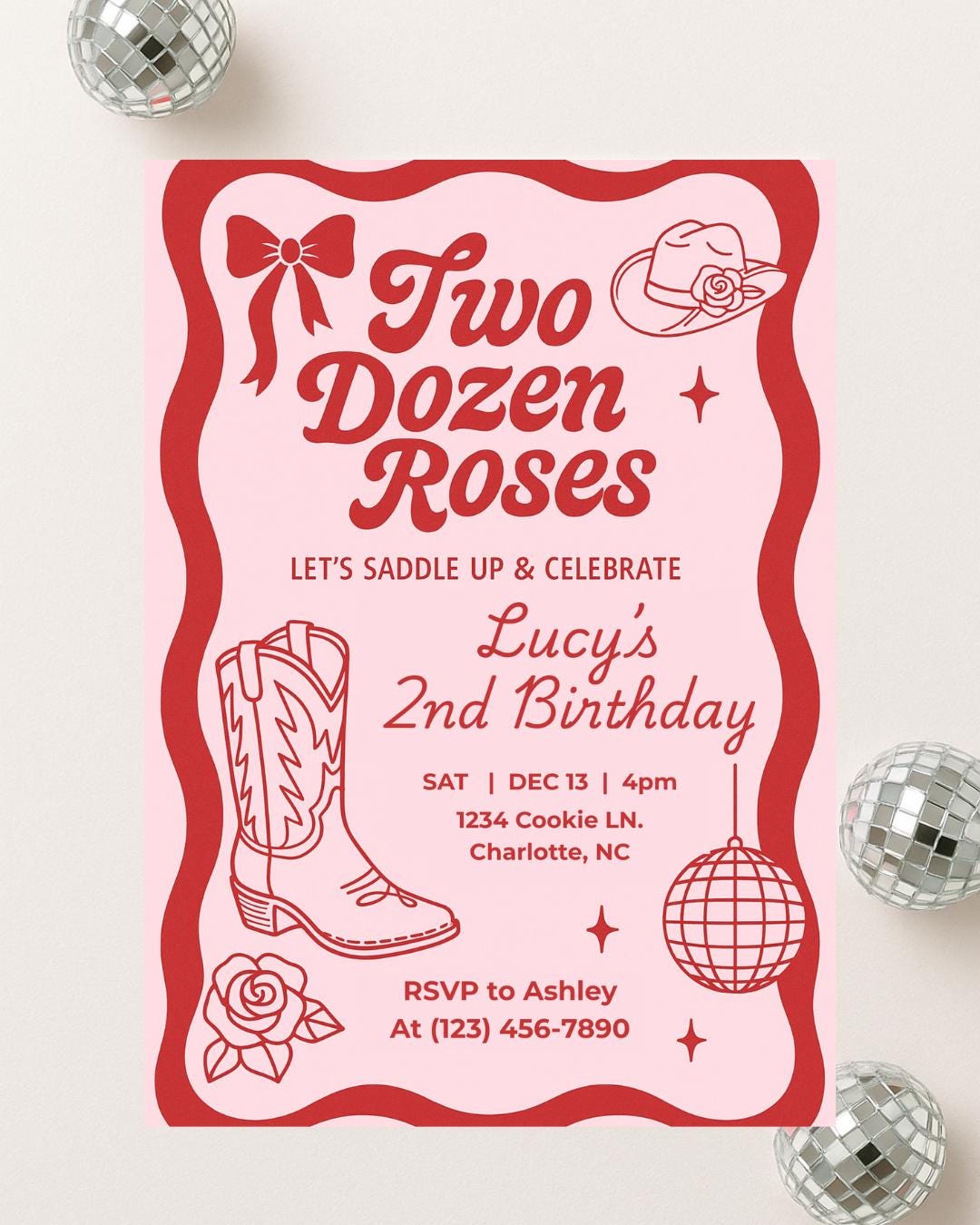 Two Dozen Roses Birthday Invitation | Second Birthday | Pink & Red ...