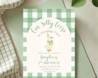 Our Silly Goose is Two | Editable Birthday Invitation | Pink Gingham ...